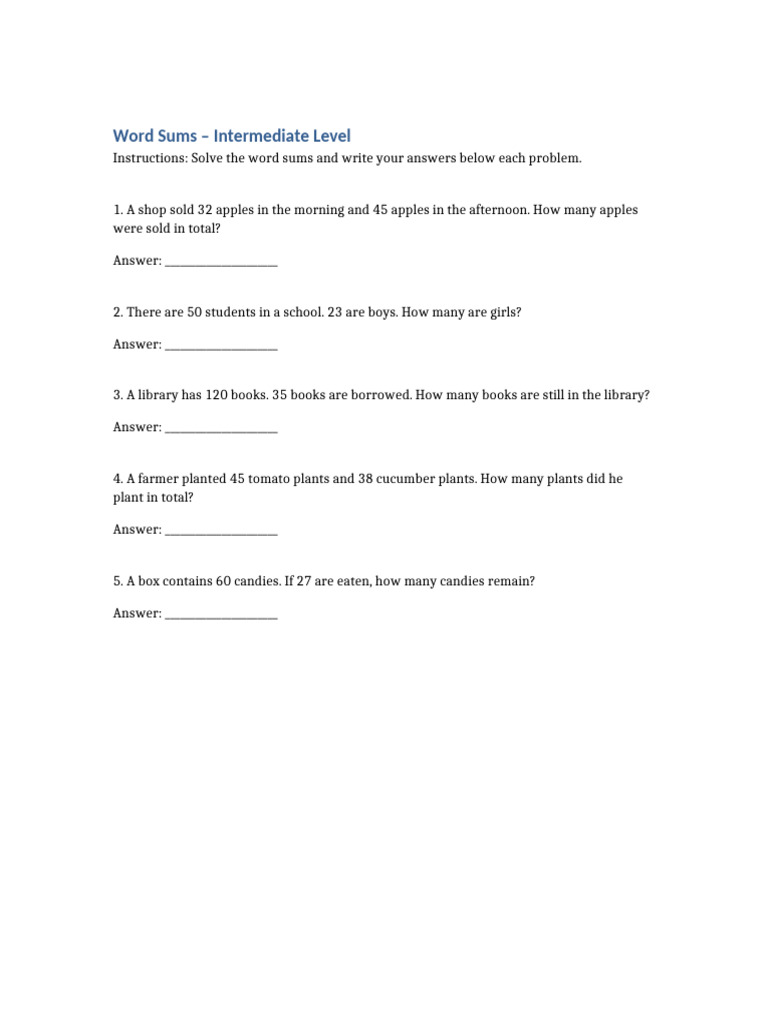 Word Sums Intermediate | PDF
