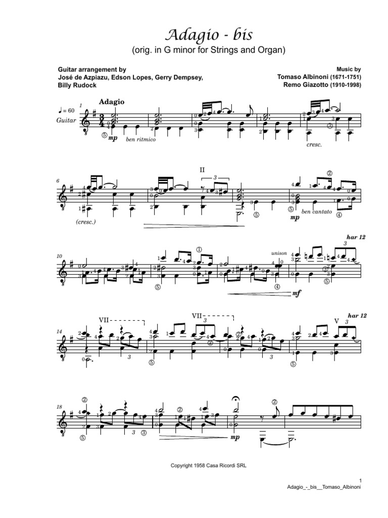 Albinoni's Adagio for Guitar Arrangement | PDF | Compositions