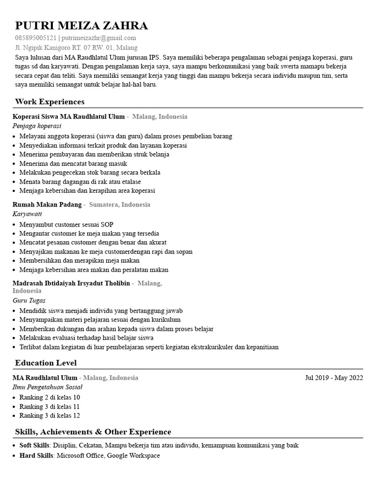 Putri Meiza Zahra-Resume | PDF