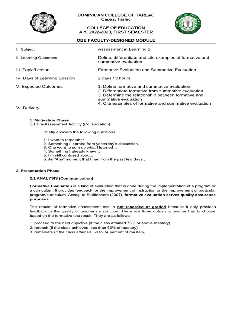 Formative vs Summative Evaluation Guide | PDF | Educational Assessment ...