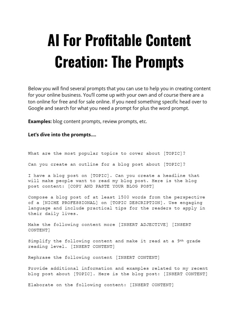 AI For Profitable Content Creation Prompts | PDF | Podcast | Human ...
