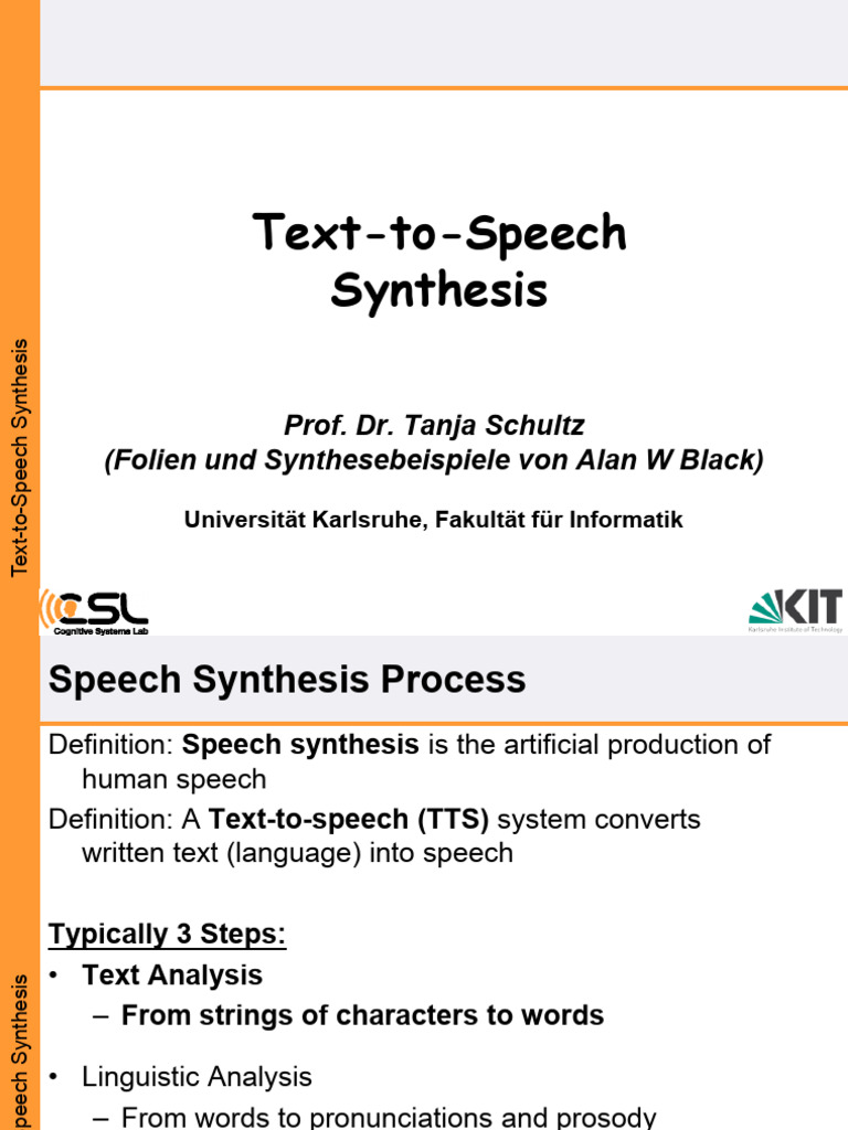 Text-to-Speech Synthesis: Prof. Dr. Tanja Schultz (Folien Und ...