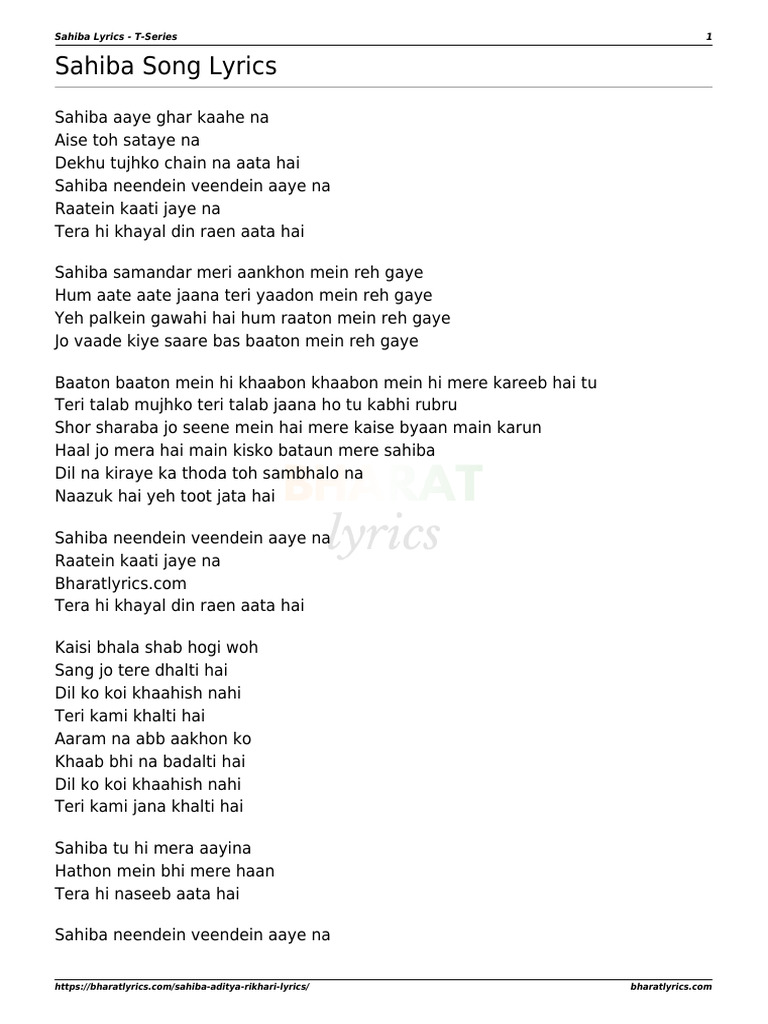 Sahiba Lyrics by Aditya Rikhari | PDF