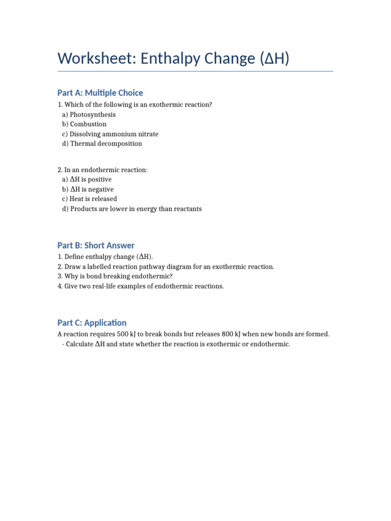 Enthalpy Change Worksheet: ΔH Basics | PDF
