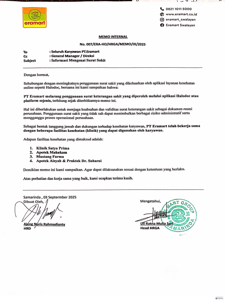 Memo Internal Mengenai Surat Sakit | PDF