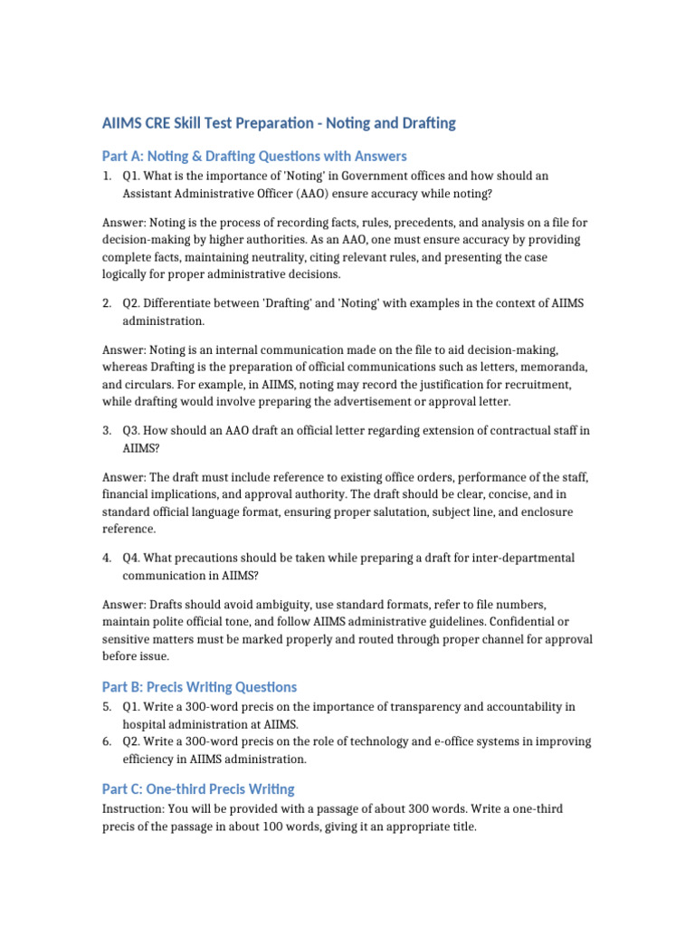 Noting and Drafting for AIIMS CRE Test | PDF