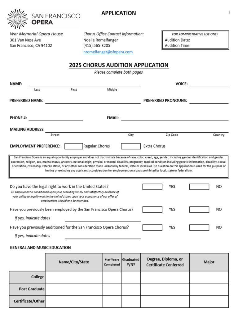 2025 SF Opera Chorus Audition Application | PDF | Résumé | Audition