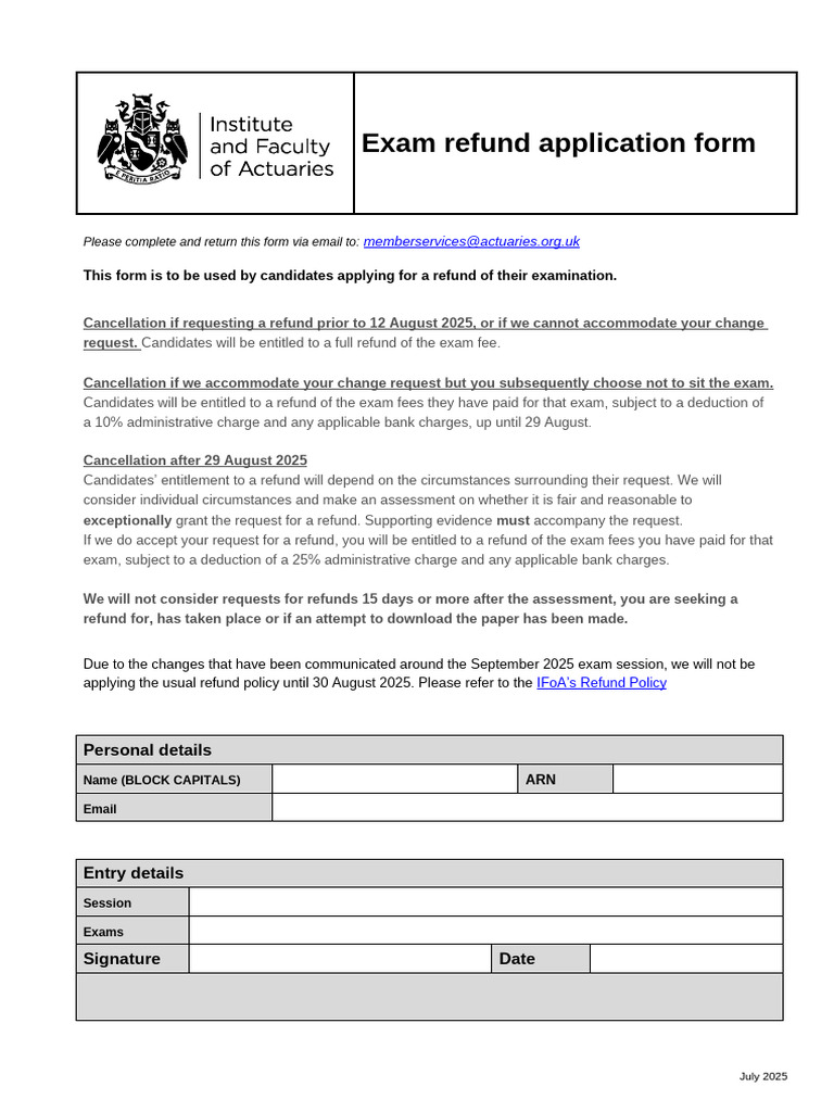 Exam Refund Application Form 2025 | PDF | Wire Transfer | Payments