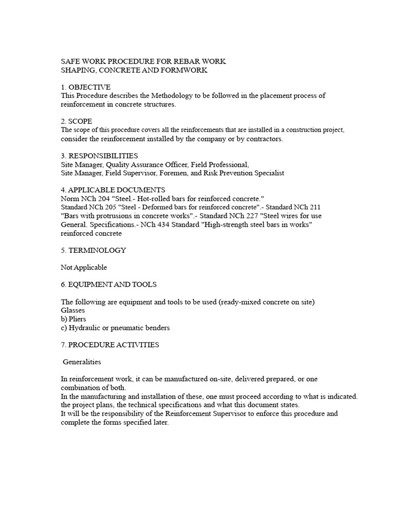 Safe Rebar Work Procedure Guide | PDF | Concrete | Materials