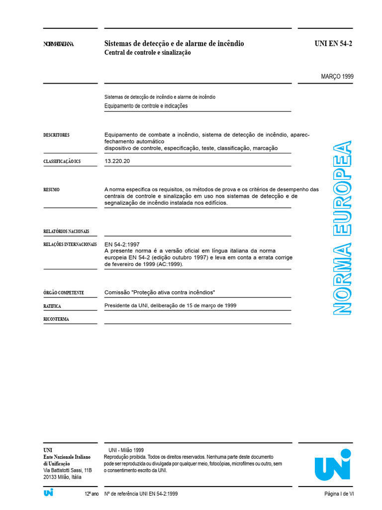 Norma UNI EN 54-2: Sistemas de Alarme de Incêndio | PDF | Armazenamento ...