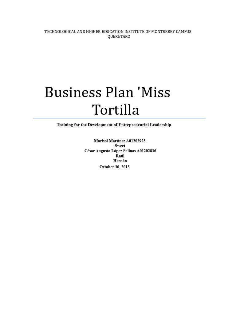 Business Plan for Miss Tortilla | PDF | Fat | Business