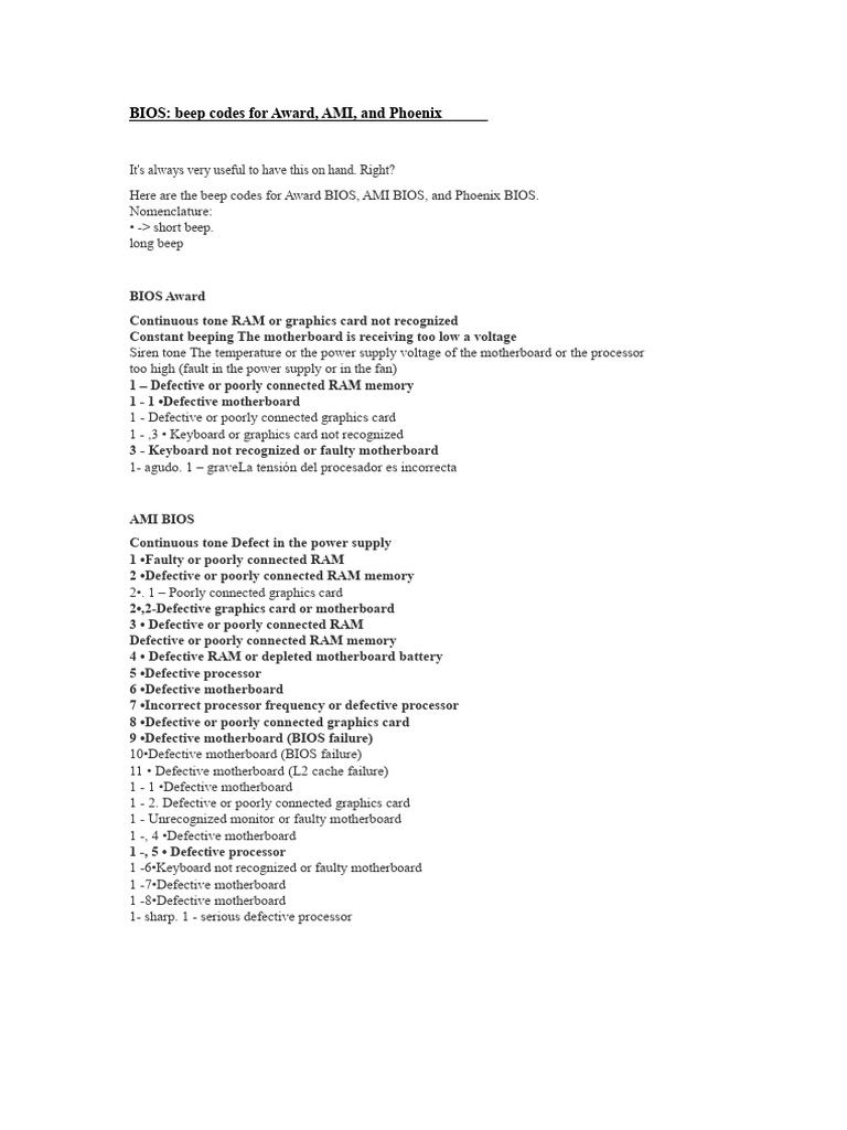 BIOS, Award Beep Codes, AMI and Phoenix | PDF | Bios | Random Access Memory