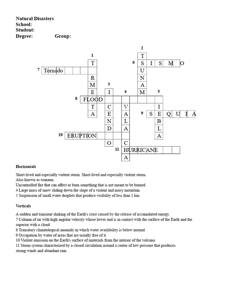 Crossword Natural Disasters | PDF