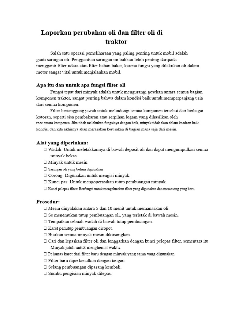 Laporan Penggantian Oli Dan Filter Oli Pada Traktor | PDF