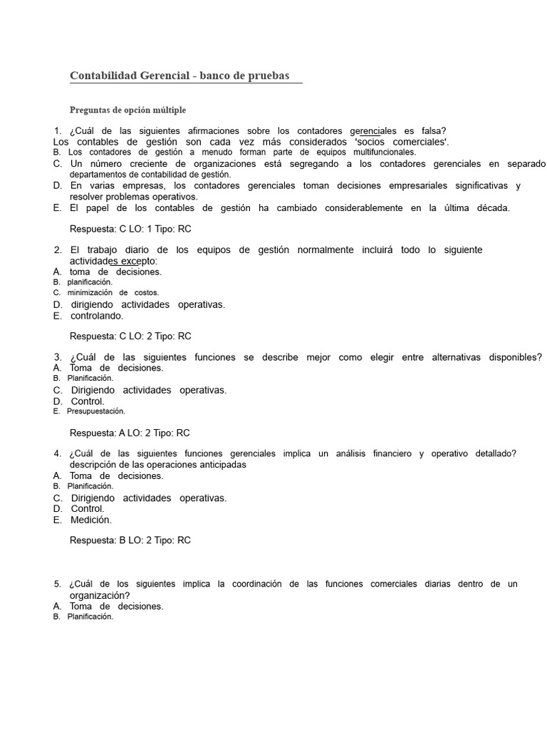 BANCO DE PRUEBAS - Contabilidad Gerencial | PDF | Contabilidad | Business