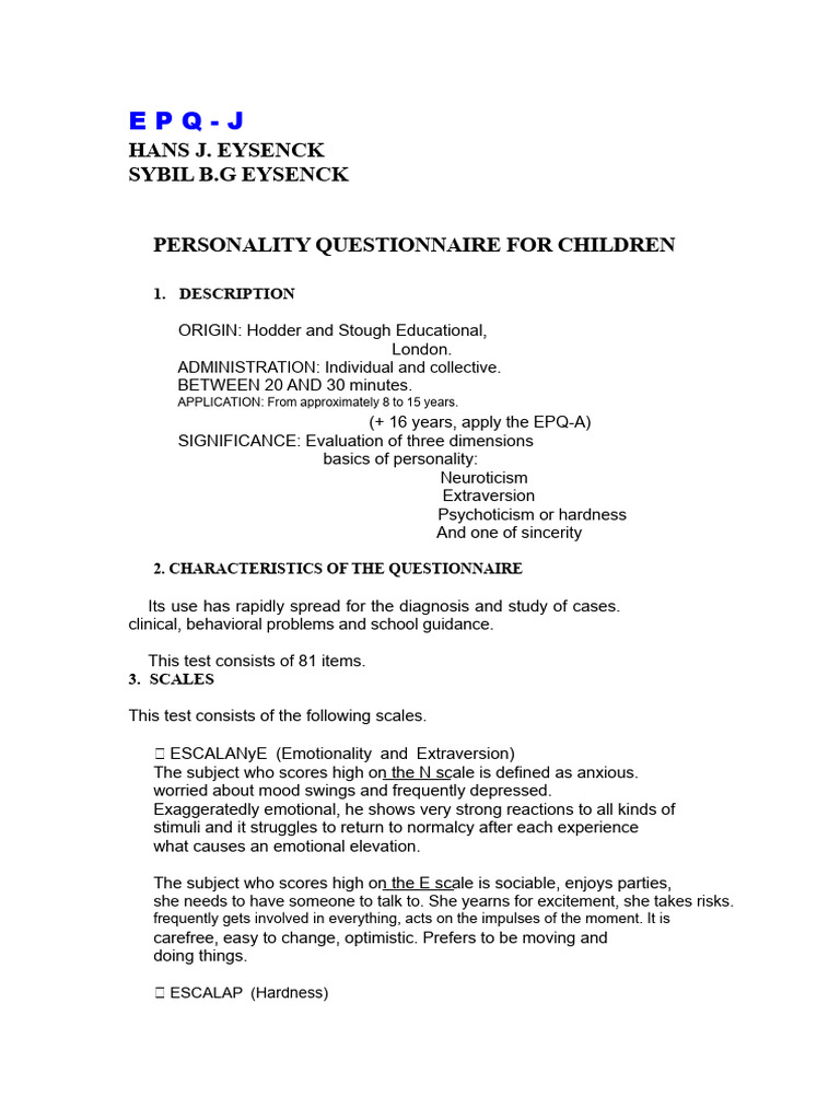 EPQ-J Personality Questionnaire | PDF