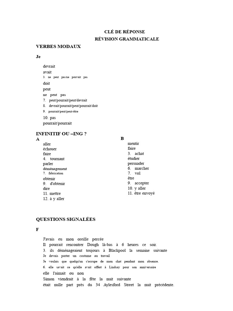 Clé de Correction Révision de Grammaire | PDF | Verbe | Linguistique