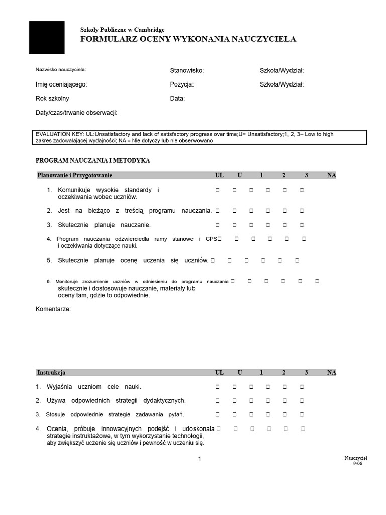 Formularz Oceny Nauczyciela | PDF