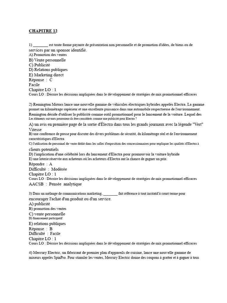 Chapitre 12 Quiz de Livre | PDF | Commercialisation | Publicité
