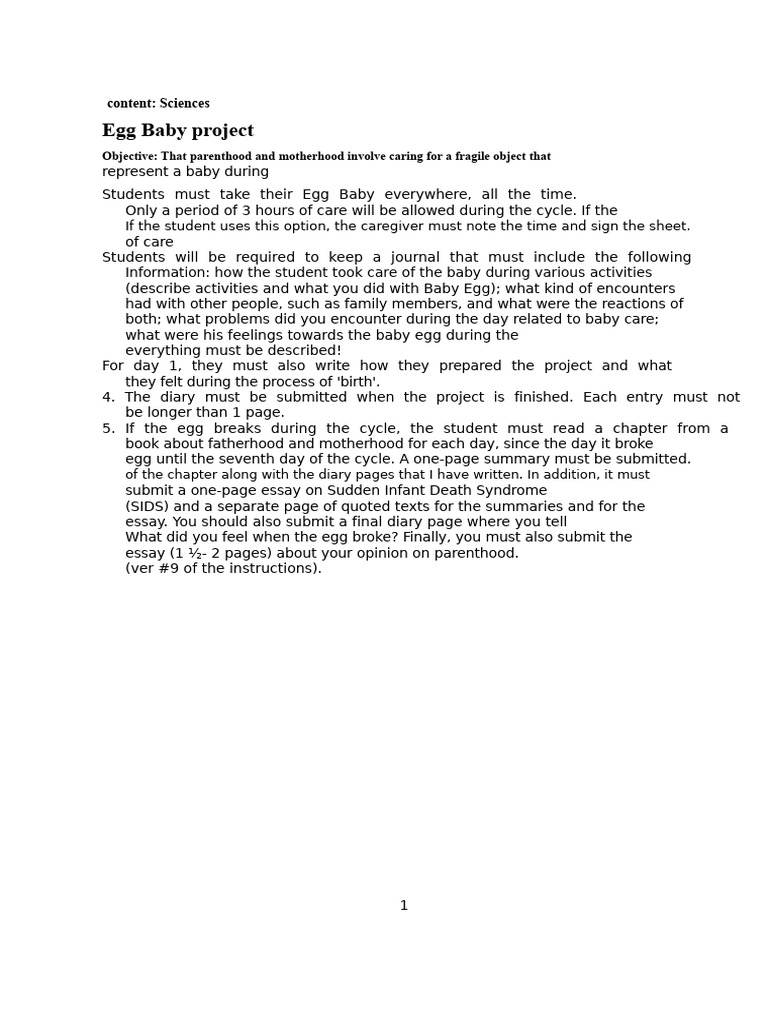 Egg Baby Project: Care and Reflection | PDF