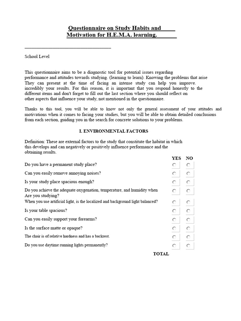 Questionnaire On Study Habits and Motivation For Learning H.E.M.a ...
