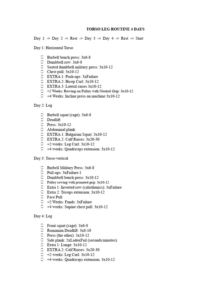 TORSO-LEG ROUTINE 4 DAYS Javitomson | PDF