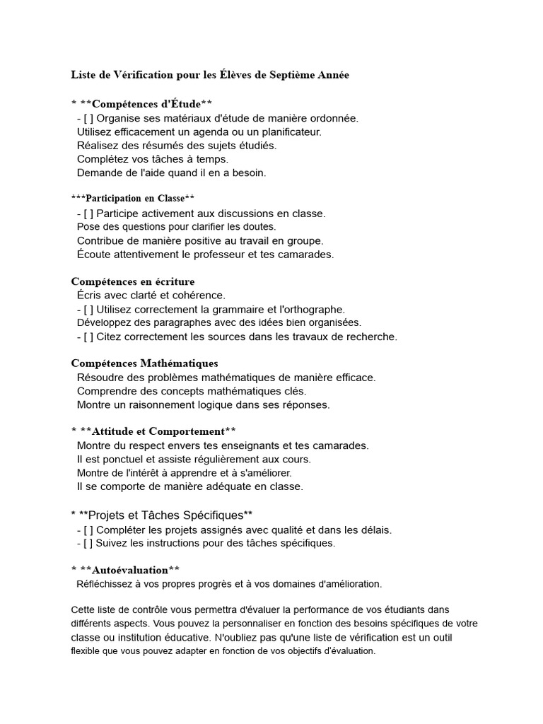 Liste de Vérification pour Élèves de 7e | PDF