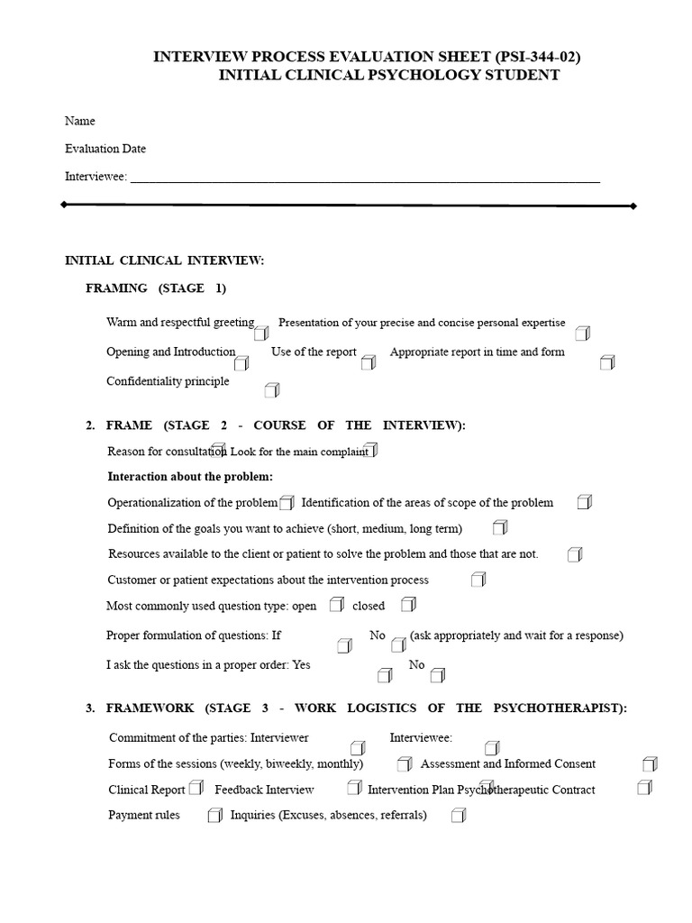 Evaluation Sheet Initial Clinical Psychology Interview Process Updated ...