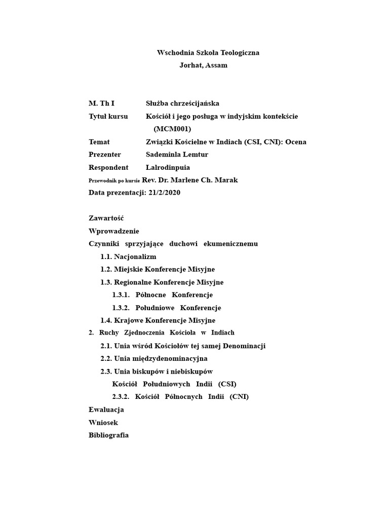 Związki Kościelne W Indiach: CSI, CNI | PDF