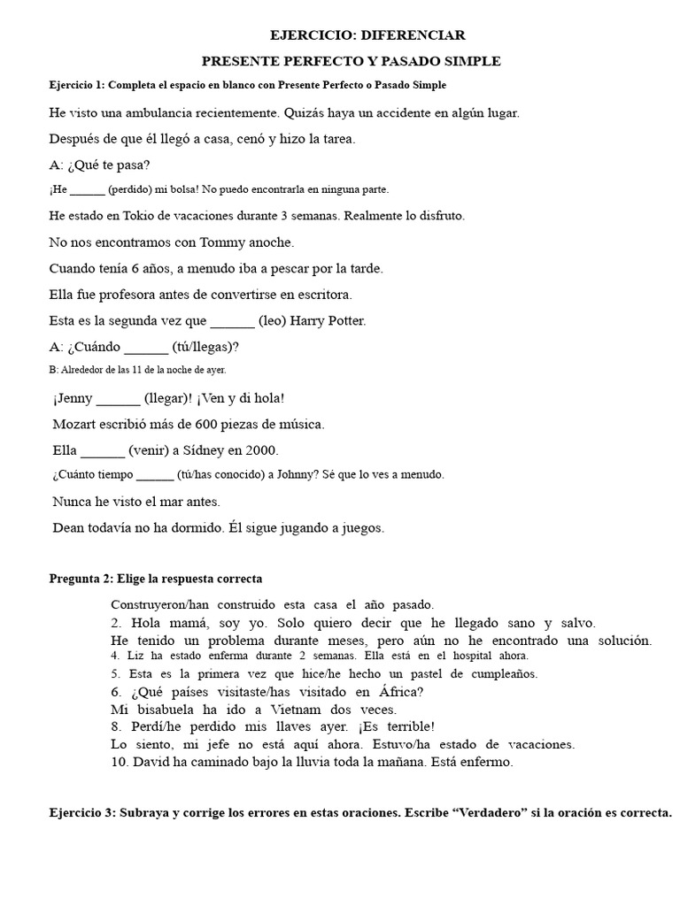 Ejercicios de Presente Perfecto vs Pasado Simple | PDF