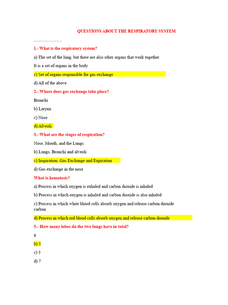 Respiratory System Questionnaire For 5th Grade | PDF
