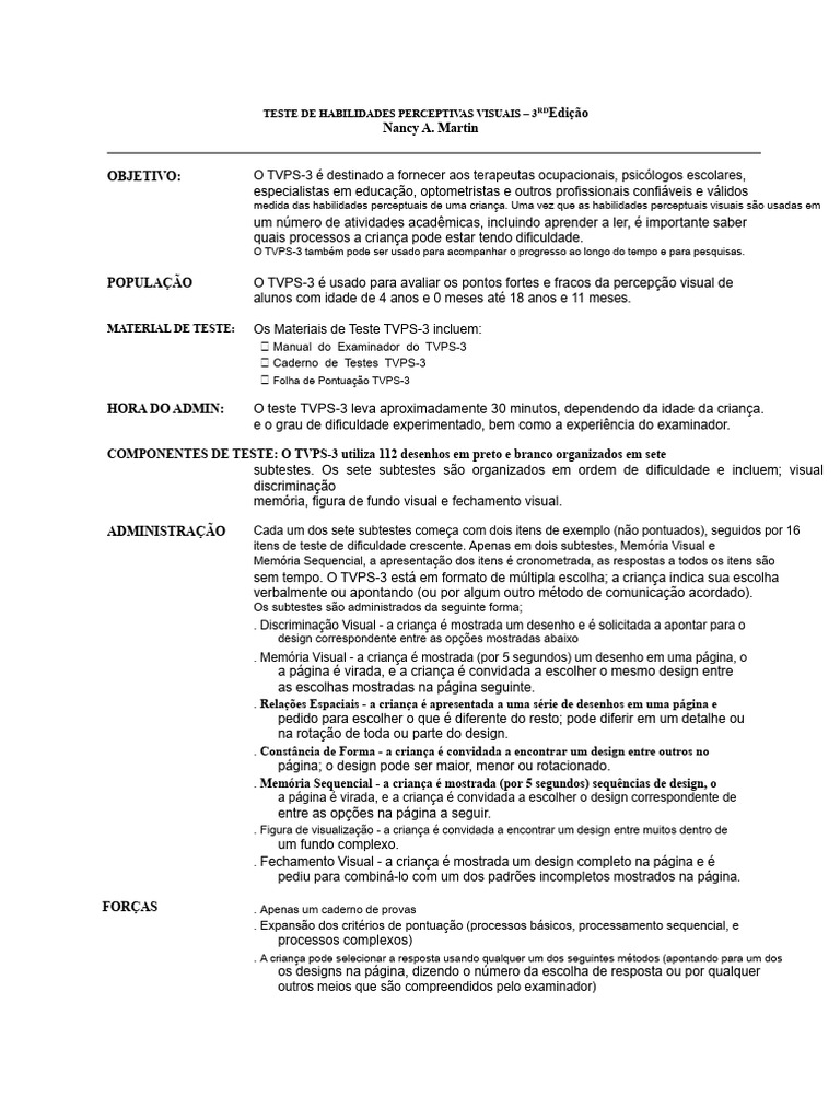 Revisão da Avaliação TVPS 3 | PDF | Psicologia | Desenho