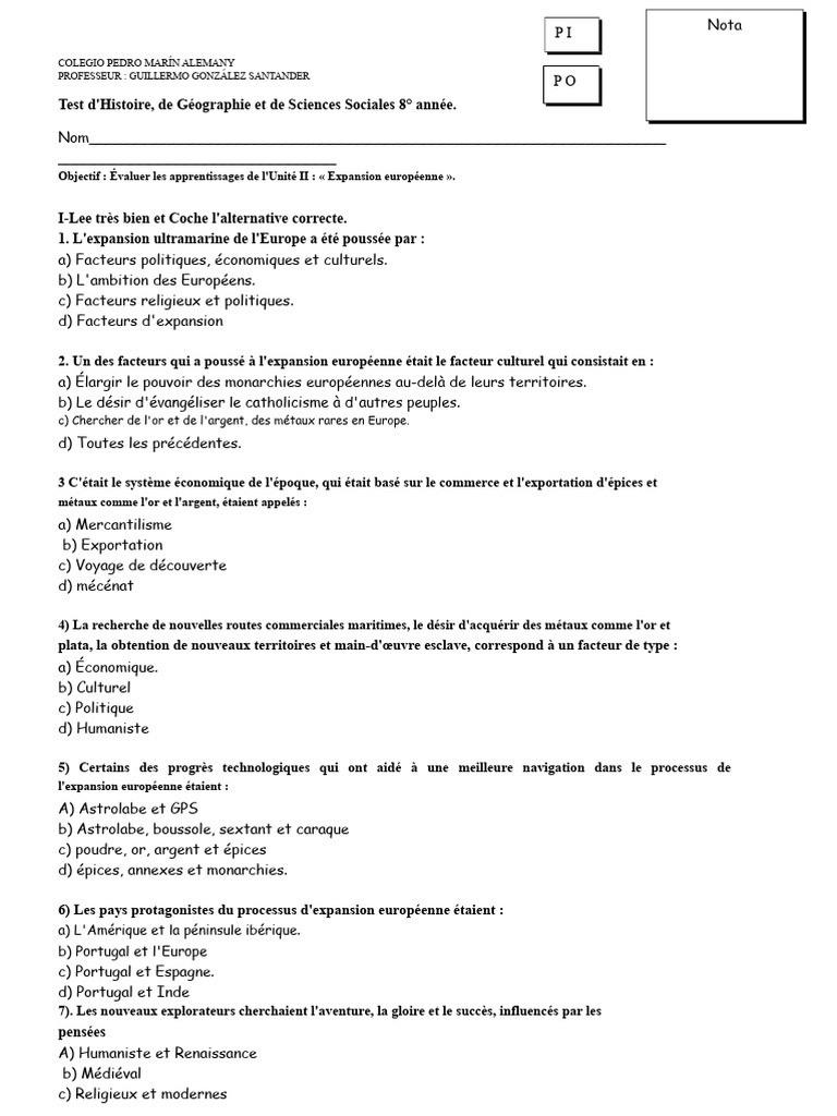 TEST Histoire 8e Année. UNITÉ 2 EXPANSION EUROPÉENNE JUIN | PDF | le ...