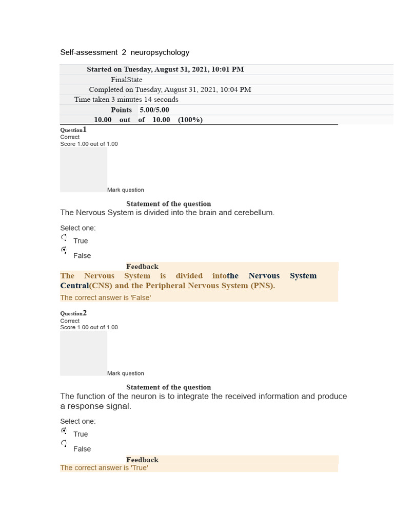 Neuropsychology Self-Assessment Results | PDF