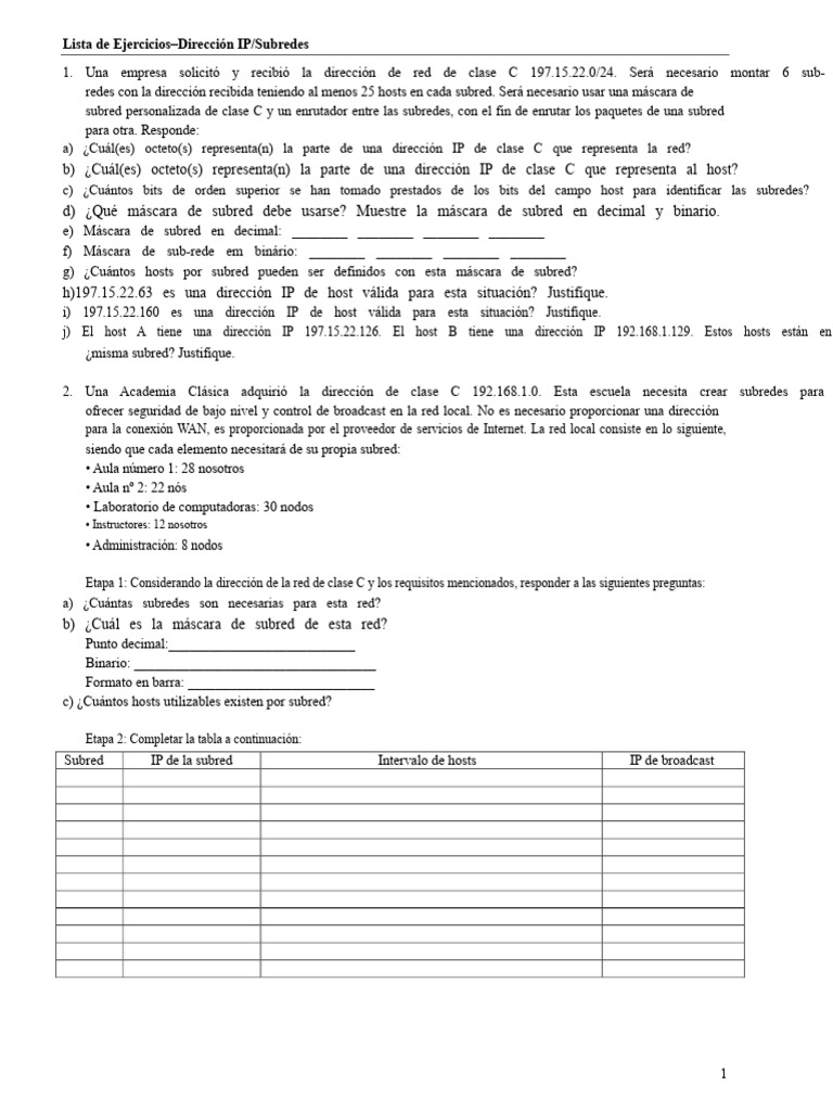 Lista de Ejercicios - Subredes | PDF | Dirección IP | Estándares de internet