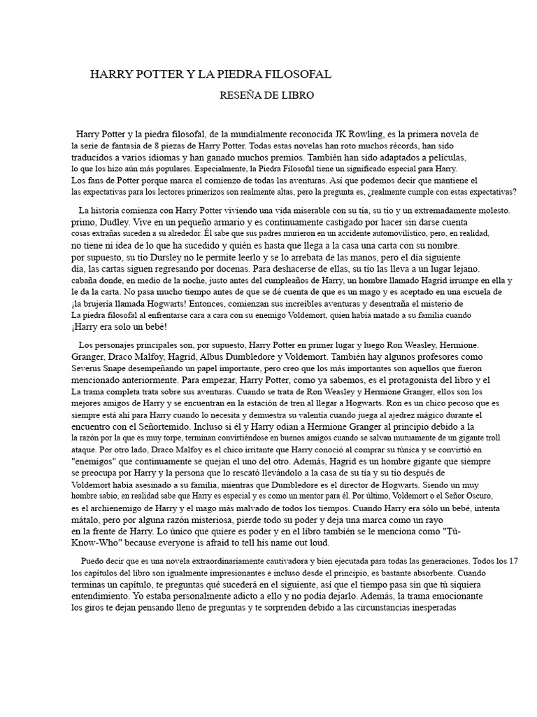Reseña de "Harry Potter y la Piedra Filosofal" | PDF | J. K. Rowling ...