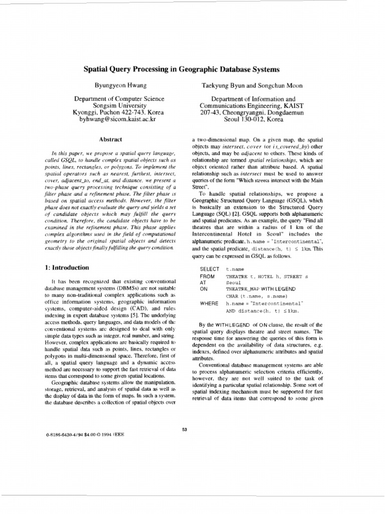 Spatial Query Processing In Geographic Database Systems Kaist Pdf Databases Database Index
