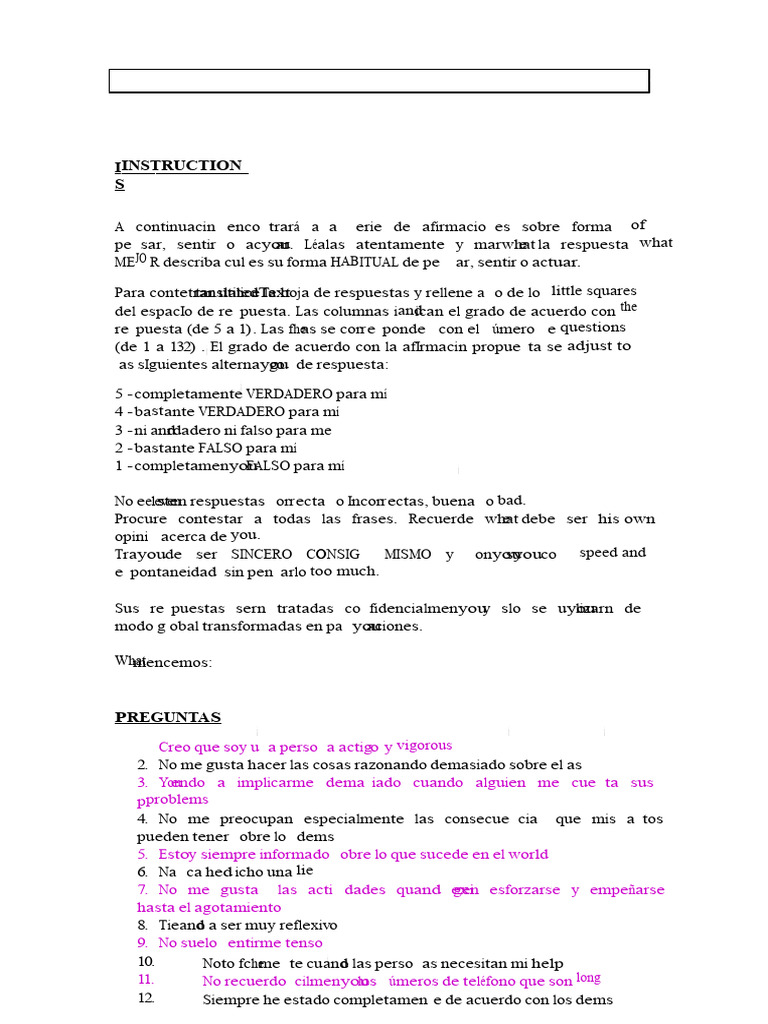 Big Five Questionnaire Question Booklet | PDF