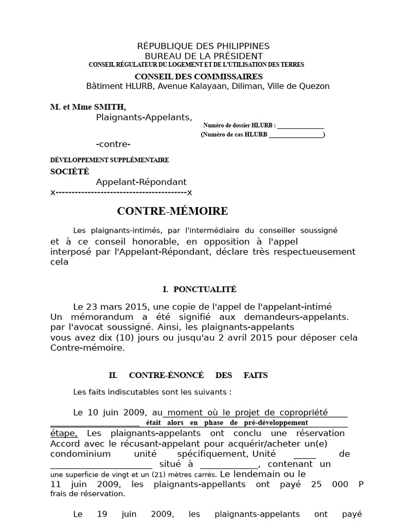 Contre-mémoire des plaignants aux HLURB | PDF | Sodles | Crédit