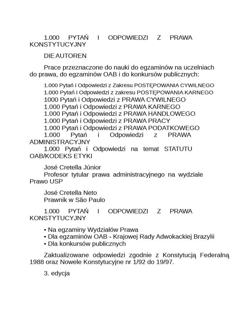 1000 Pytań I Odpowiedzi - Prawo Konstytucyjne | PDF