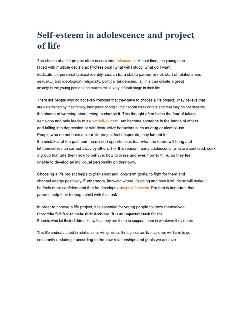 Self-Esteem in Adolescence and Life Project | PDF