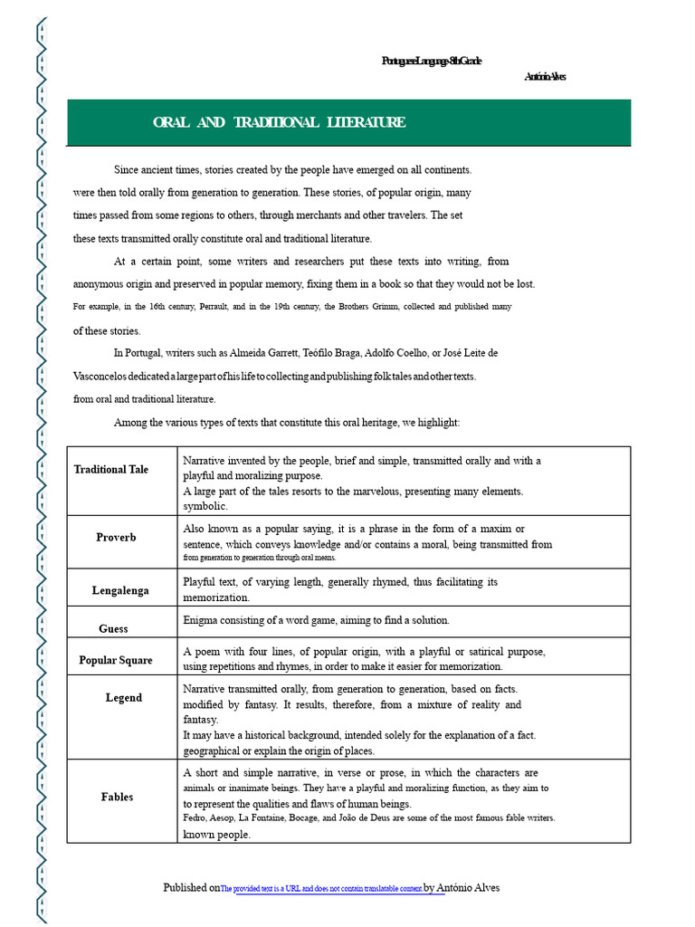 Oral and Traditional Literature | PDF | Fable | Oral Tradition