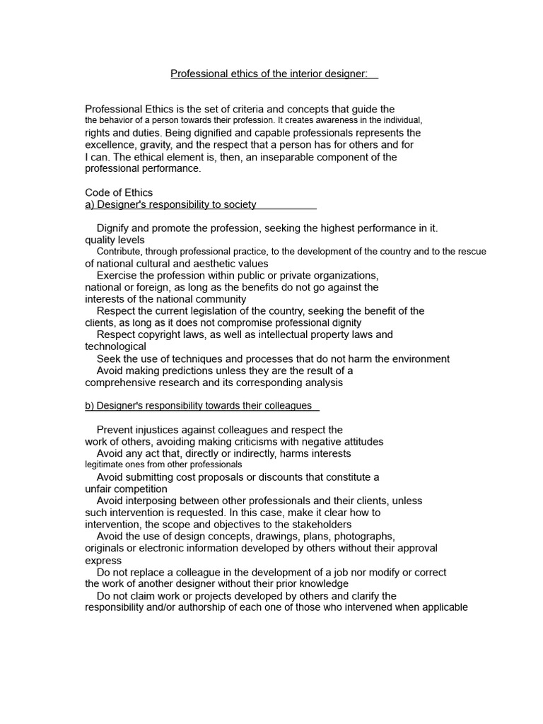 Professional Ethics of The Interior Designer | PDF | Professional Ethics | Profession