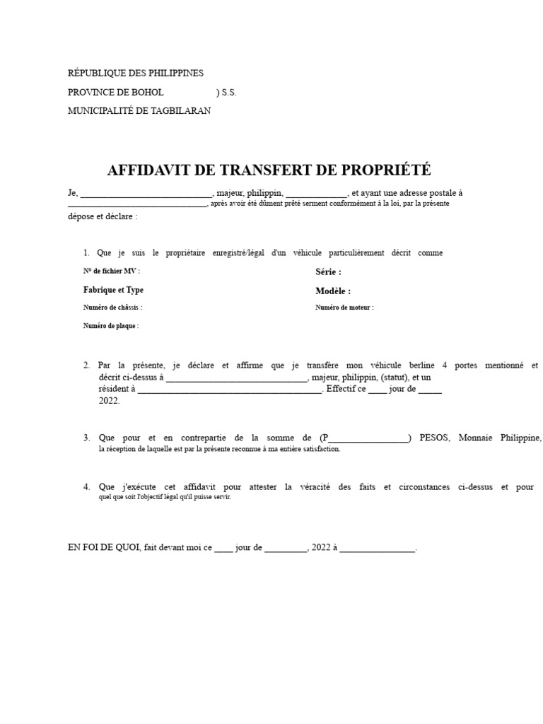 Acte D'affidavit de Transfert de Propriété | PDF | Déclaration sous serment