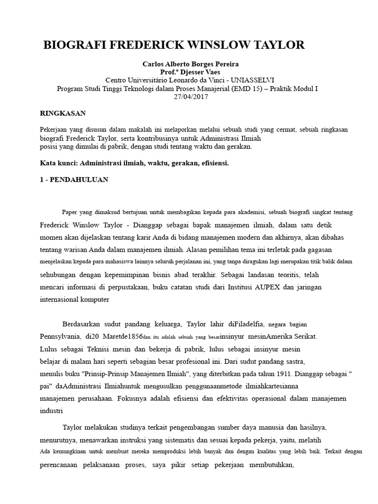Biografi Frederick Winslow Taylor | PDF