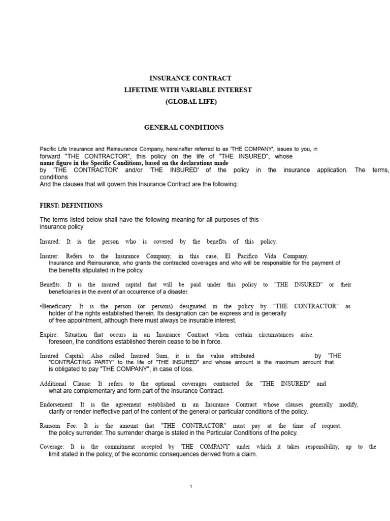 Whole Life Insurance Contract (Global Life) | PDF | Insurance | Life ...