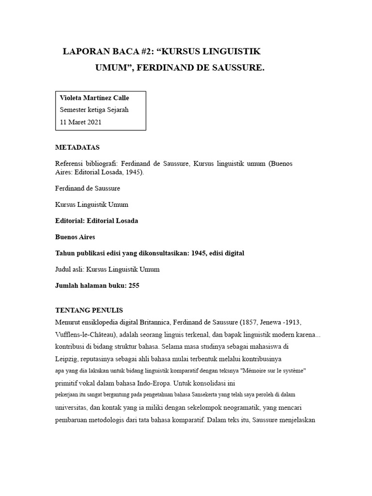 Laporan Bacaan - Ferdinand de Saussure, Kursus Linguistik Umum | PDF
