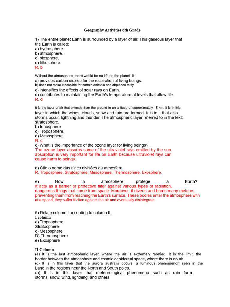 Complementary Activities 6th Grade Earth's Atmosphere | PDF ...