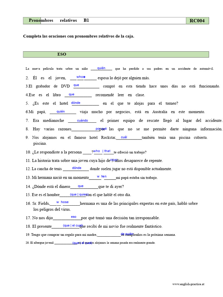 Ejercicios de Pronombres Relativos B1 | PDF | Pronombre
