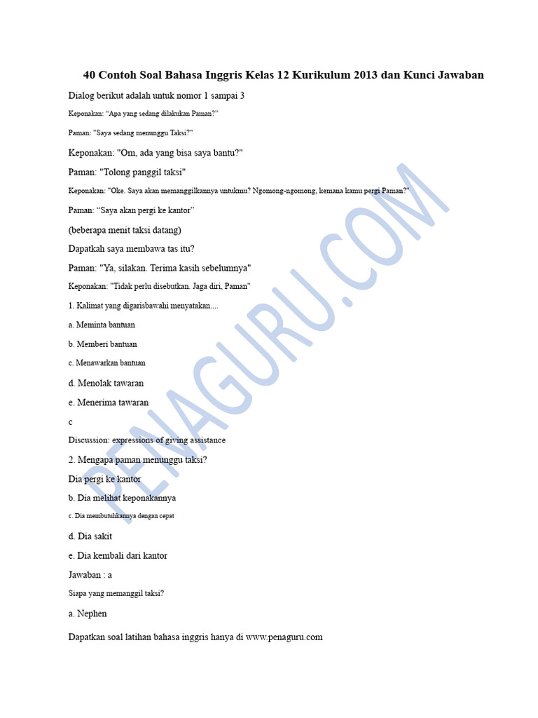(Penaguru - Com) 40 Examples of English Questions For Class 12 ...